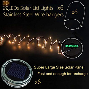 Solar Mason Jar Lid Lights, 6 Pack 30 Led String Fairy Star Firefly Jar Lids Lights,6 Hangers Included(Jars Not Included), Best for Mason Jar Decor,Patio Garden Decor Solar Laterns Table Lights