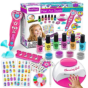 BATTOP Kids Nail Polish Set for Girls, Nail Art Kits with Nail Dryer & Glitter Pen, Quick Dry & Peel Off & Non-Toxic Nail Polish Birthday Gifts for Girls Ages 6 7 8 9 10 11 12
