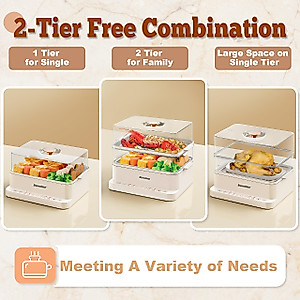 Veroline Electric Food Steamer for Cooking, 6.4Qt Vegetable Steamer with 2-Tier BPA-Free Steam Trays, Quick Simultaneous Cooking for Veggies, Meats, Rice, Seafood, 500W Heating, 24H Delay Start Timer