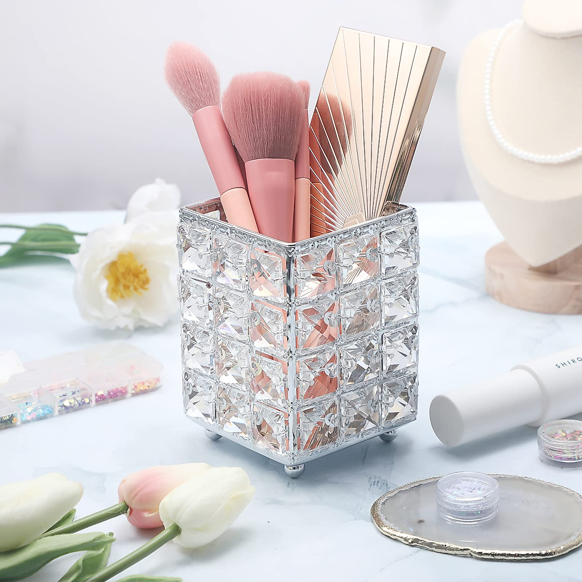 2 Packs Crystal Makeup Brush Holder Organizer Cosmetics Brushes Storage Cup Handcrafted Pen Pencil Holder Container, Square (Silver)