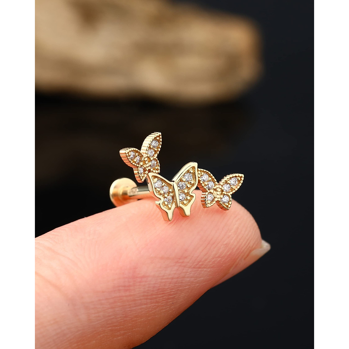 Jewseen 14K Solid Gold Snake Cartilage Earring 16g Flat Back Stud Helix Piercing Jewelry Tragus Earring Conch Stud Titanium Labret Post Lip Ring Nose Stud for Women Men