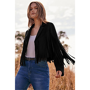 PRETTYGARDEN Women's Fringe Faux Suede Leather Jackets 2025 Fashion Tassel Motorcycle Cropped Coats (Black,Large)