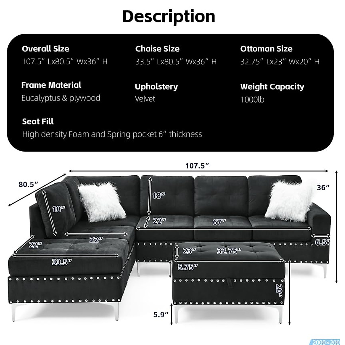 Yoglad L Shaped Furniture Set, 5-Seater Sectional Sofa with Reversible Chaise, Corner Sofa Set with Ottoman, for Apartment, Living Room, No Assembly Require (107.5 Inch Chenille, Red)