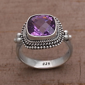 NOVICA Artisan Handmade Amethyst Cocktail Ring Sterling Silver from Bali Purple Single Stone Indonesia Ultra Violet Birthstone [crownbezel 0.6 in H x 0.8 in W x 0.2 in D Band Width 4 mm W] ' Purple