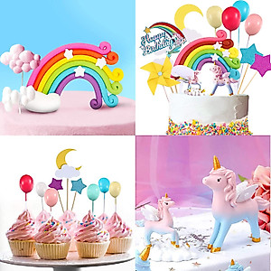 Unicorn Party Cake Topper Kit with 2 Unicorns Sculpture, Rainbow Balls Cloud for Unicorn Birthday Party Supplies