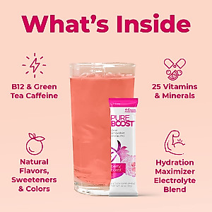 Pureboost Clean Energy Booster, Refreshing Energy Drink Mix with B12 Vitamins, Electrolytes, Antioxidants, Sugar-Free with No Sucralose (Berry Boost, 30 Count)