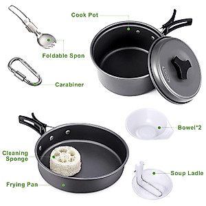 G4Free 11PCS/13PCS Camping Cookware Mess Kit Hiking Backpacking Picnic Cooking Bowl Non Stick Pot Pan Knife Spoon Set(11PCS Black)