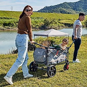 Busy Bee Foldable Wagon Stroller for 2 Kids, Push Pull Collapsible Kids Wagon with Adjustable Handle Bar, Removable Canopy, 5-Point Harness, Shock-Absorbing Wheels, Grey