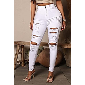 LONGBIDA Skinny Ripped Jeans for Women High Waisted Stretch Butt Lifting Jeans Slim Fit Distressed Denim Pants Pull On Jeggings Jeans(White,XXL)