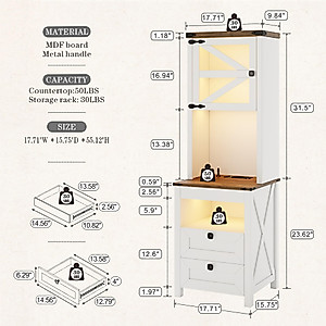 FREDEES Farmhouse Tall Night Stand Set 2, Bedside Table with Drawers & Adjustable Sheves, LED Nightstand with Gun Drawer, Smart End Table for Bedroom, Antique White