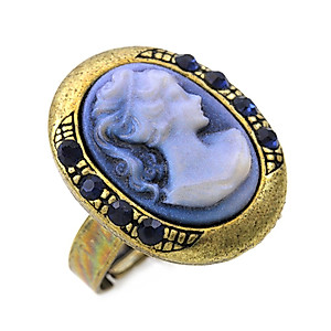 Soulbreezecollection Dark Navy Blue Cameo Ring Adjustable Size Band Women Lady Fashion Jewelry