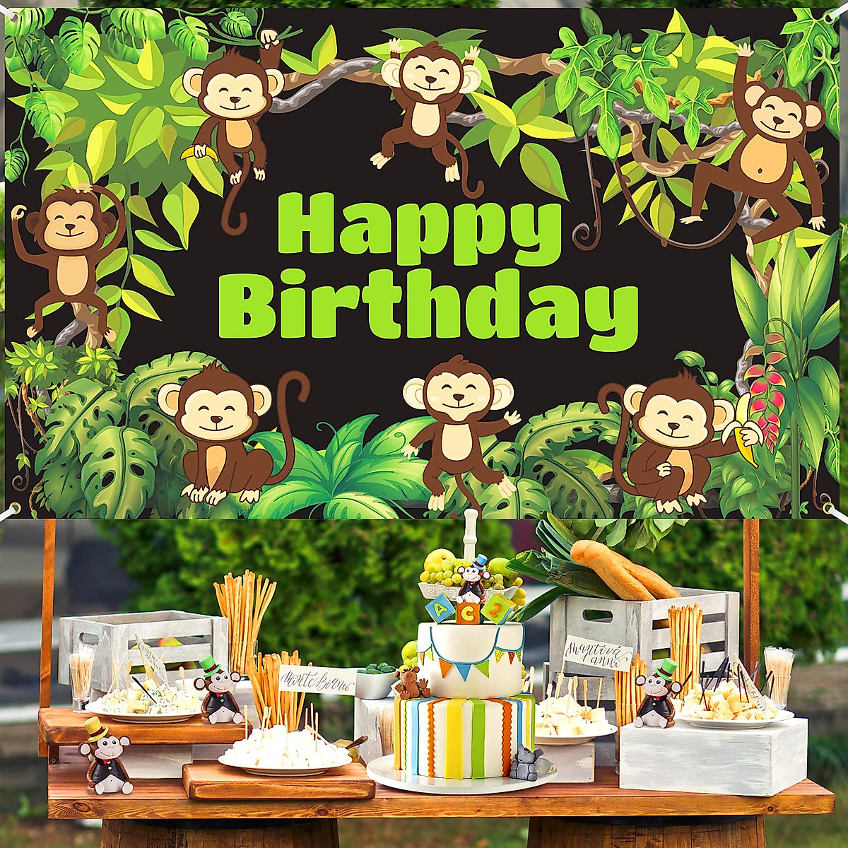 Monkey Jungle Safari Birthday Banner Decorations Cute Monkeys Theme Birthday Backdrop for Boy Girl Kid Forest Green Leaves Photography Background for Birthday Baby Shower Wild Party Supplies 71x44Inch