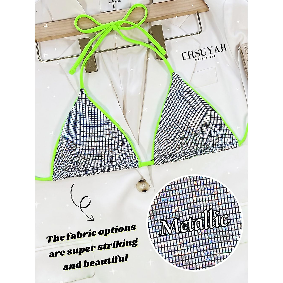 EHSUYAB Sexy Bikini Set, Thong String Triangle High Cut Metallic Bathing Suits for Women 2 Piece Bikini, Bralette Halter Tie Sparkly Padded Swimsuit Boudoir Beach Neon Green Silver Medium