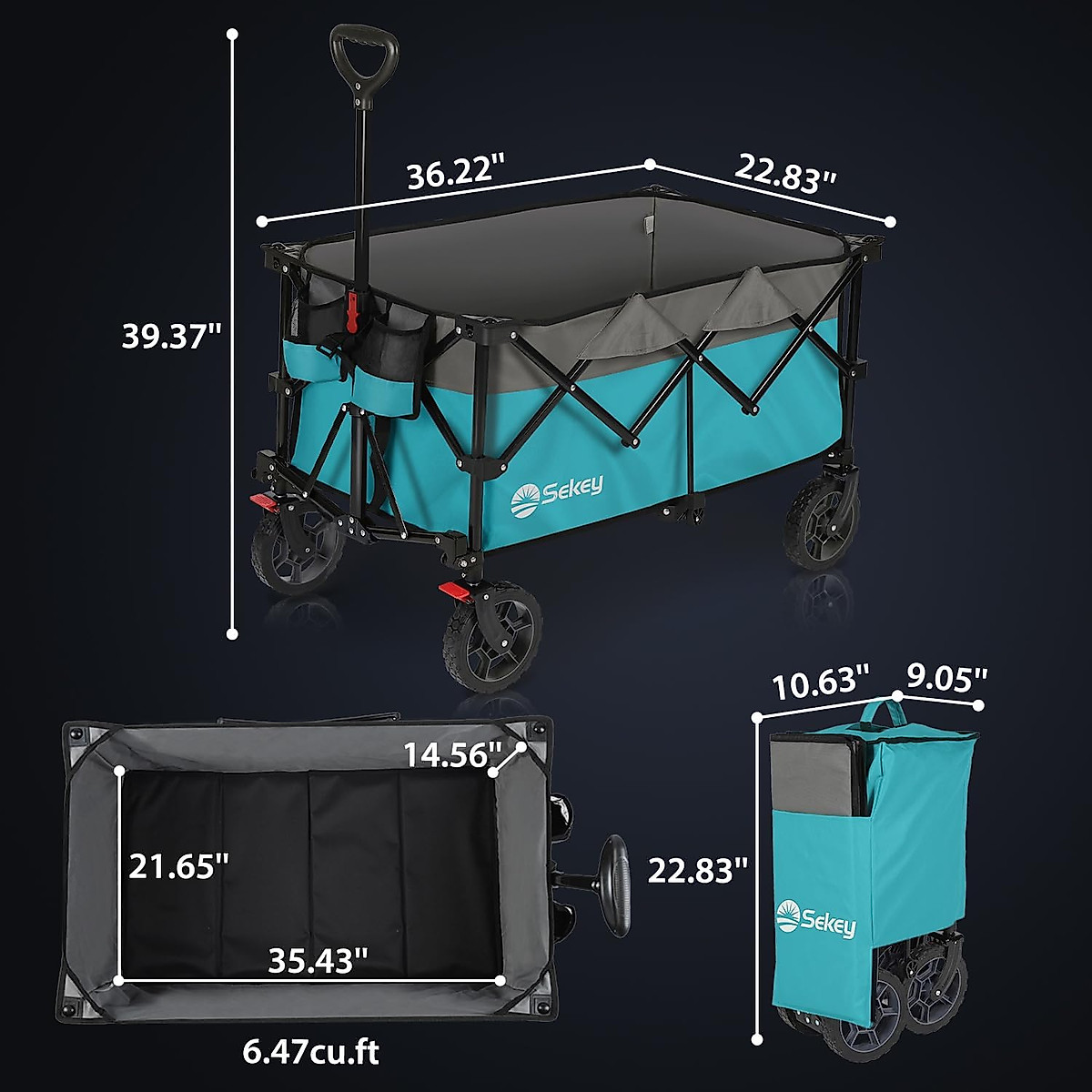Sekey 220L Collapsible Foldable Wagon with 330lbs Weight Capacity, Heavy Duty Folding Wagon Cart with Big All-Terrain Wheels & Drink Holders (Turquoise)