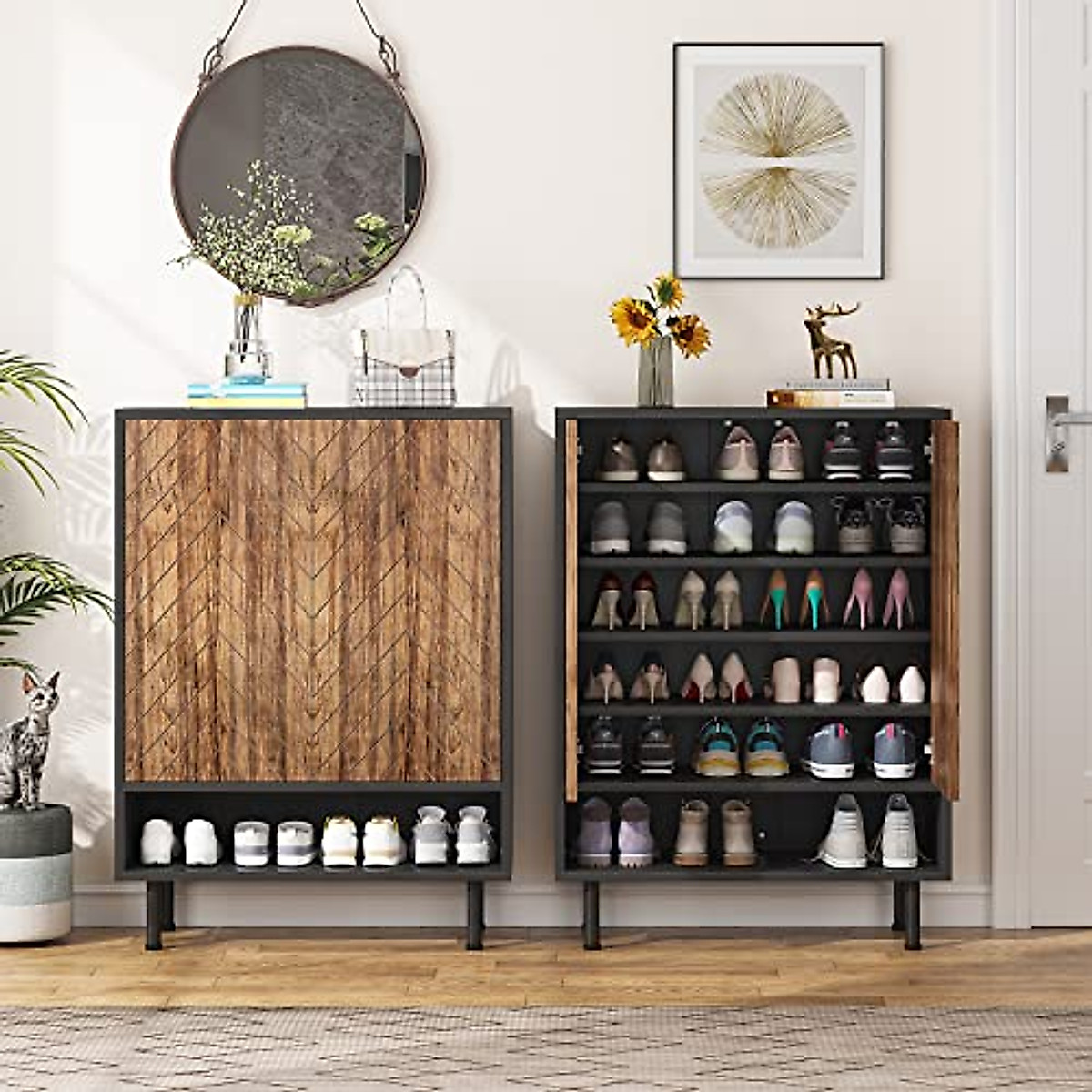 LITTLE TREE Shoe Cabinet with Doors, 6-Tier Modern Shoe Storage Cabinet with Adjustable Shelves, Wooden Free Standing Shoe Storage for Entryway, Hallway, Closet