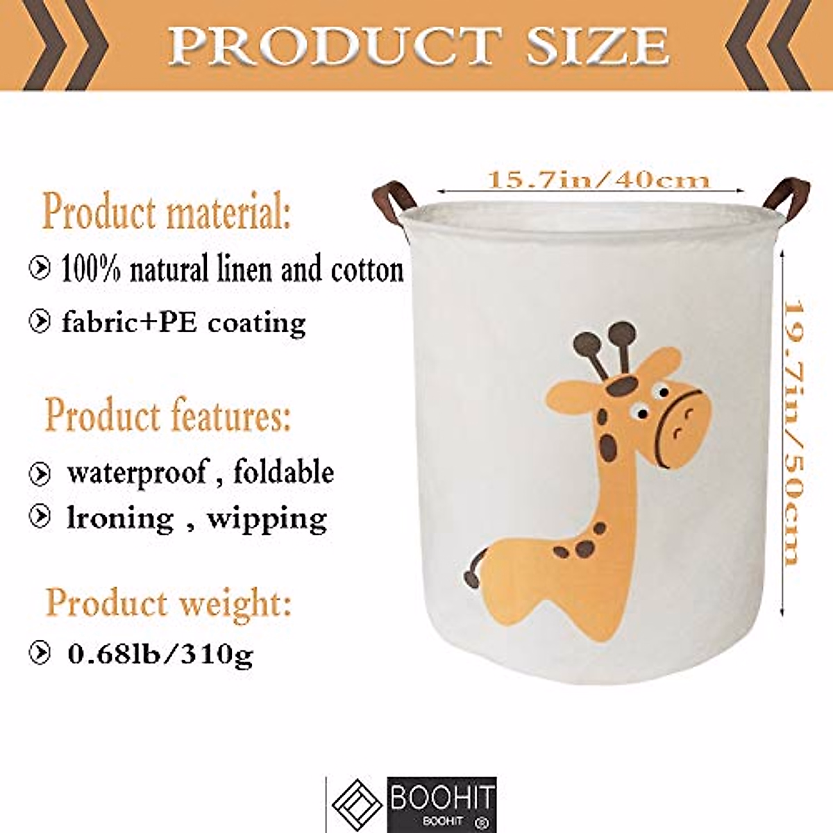 BOOHIT Storage Baskets,Canvas Fabric Laundry Hamper-Collapsible Storage Bin with Handles,Toy Organizer Bin for Kid's Room,Office,Nursery Hamper, Home Decor (giraffe)