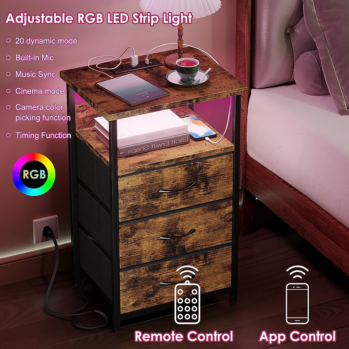 Fixwal Night Stand with Charging Station, LED Nightstand with Fabric Drawers, End Table with PU Finish, Bed Side Table, Rustic Brown