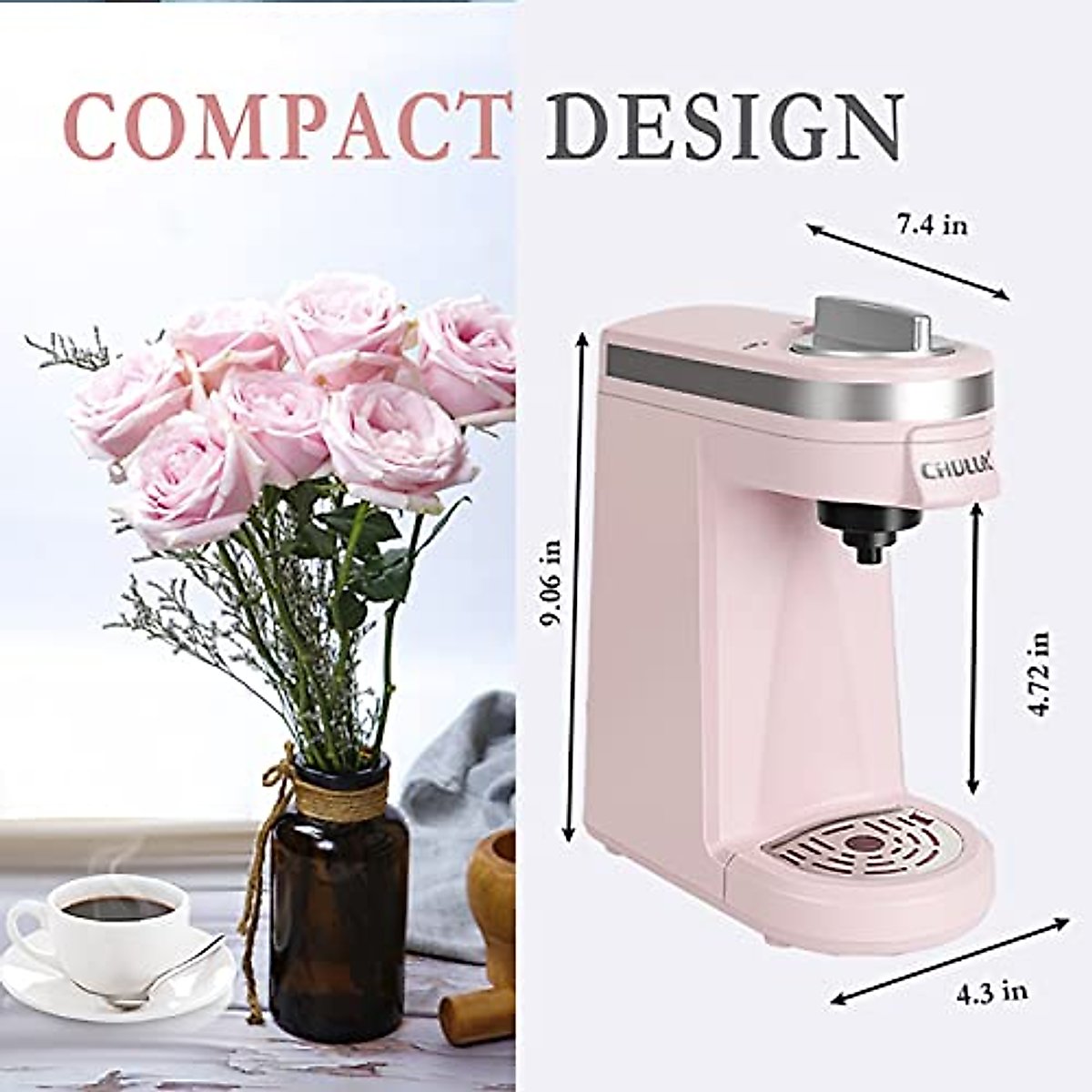CHULUX Single Serve Coffee Maker,One Button Operation with Auto Shut-Off for Coffee and Tea with 5 to 12 Ounce,Pink
