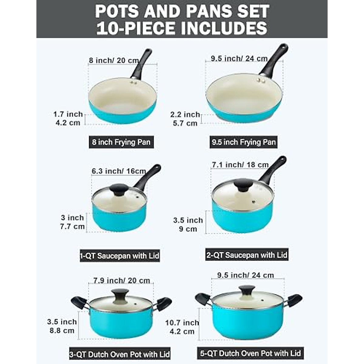 Cook N Home 10-Piece Ceramic Nonstick Cookware Set - Pots, Pans, Dutch Oven, Saucepans, Frying Pans and Lids - Turquoise