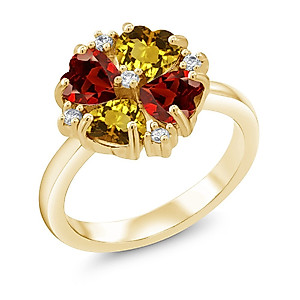 Gem Stone King 18K Yellow Gold Plated Silver Yellow Citrine and Red Garnet Ring For Women (2.10 Cttw, Heart Shape 5MM, Gemstone November Birthstone, Size 9)