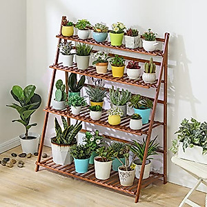 MoNiBloom Folding Bamboo Ladder Shelf 4 Tier Flower Pot Plant Display Rack Stand Organizer Holder for Home Garden Patio Balcony Indoor Outdoor Use, Brown