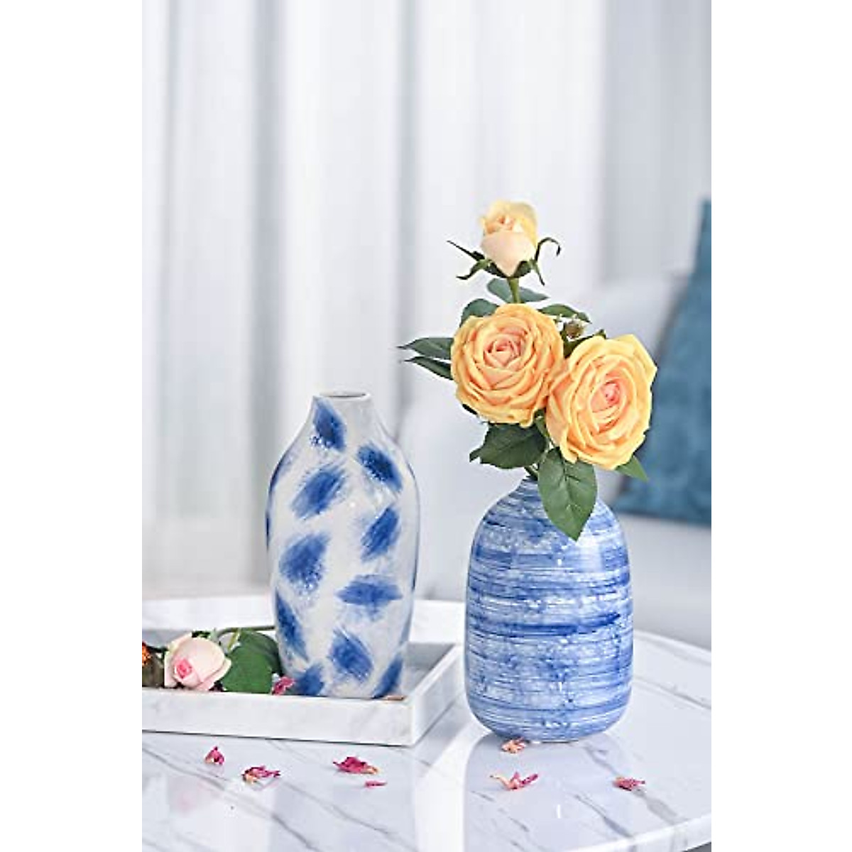 TERESA'S COLLECTIONS Blue Ceramic Vase for Modern Home Decor, Blue and White Vases for Flowers, Glazed Vases with Brush Effect for Centerpieces, Shelf, Living Room, Mantel -Set of 2, 7&8 inches