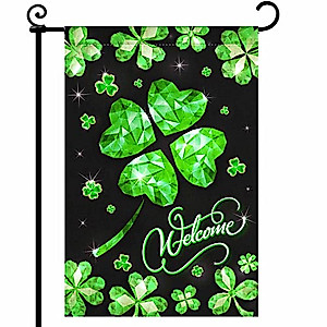 Funux St Patricks Day Garden Flag 12×18 Inch Double Sided Green Shamrock Clover Welcome Small Outside Vertical Holiday Yard Decor