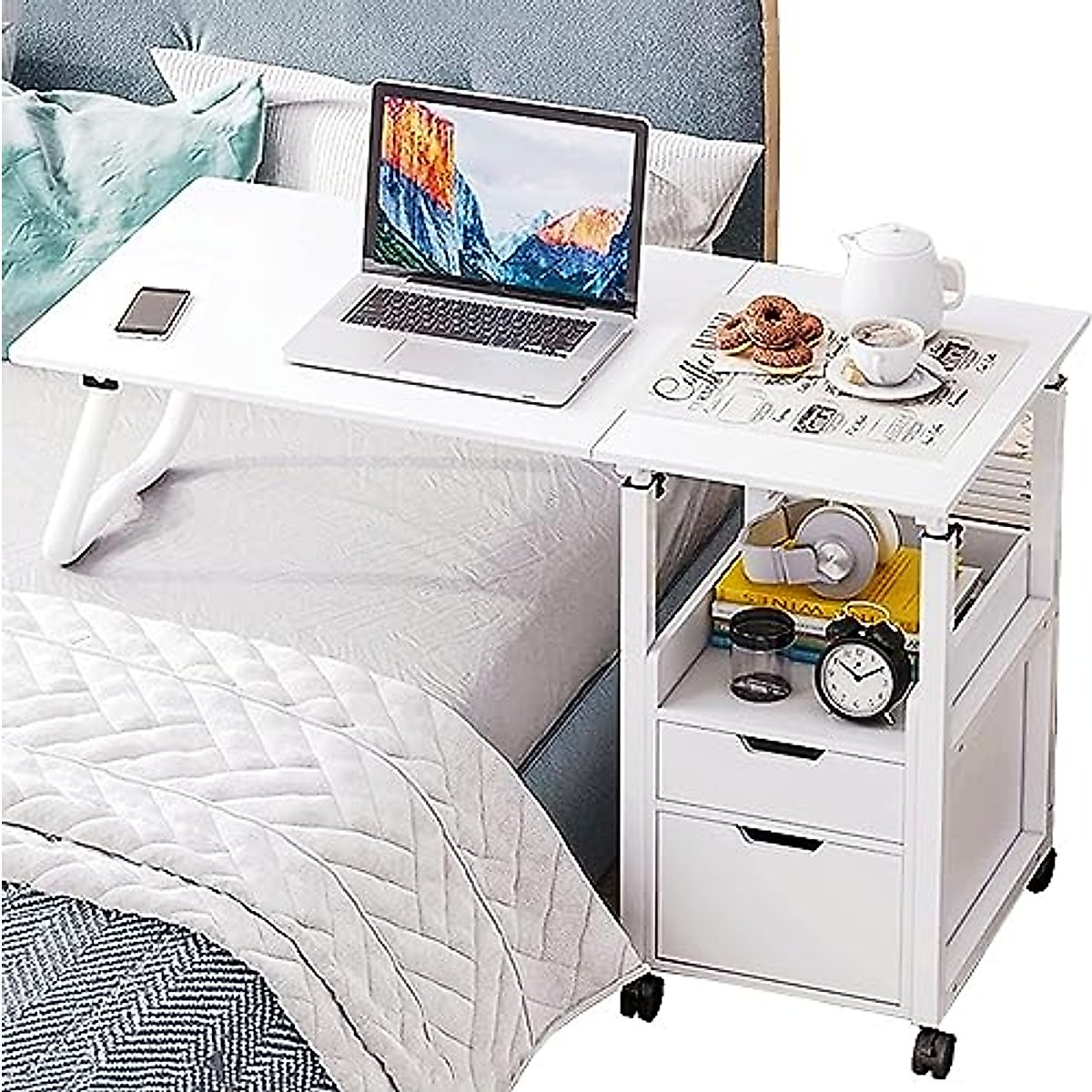 GFertre 2 in 1 Overbed Table with Wheels, Bedroom Side Table, Foldable Bedside Table with Drawer, Height Adjustable Over Bed Desk Laptop Mobile Computer Desk Workstation with Wheels Nightstand (White)