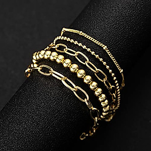 KesaPlan Gold Bracelets Set for Women Adjustable 14K Gold Plated Dainty Beaded Paperclip Link Bracelet Set for Teen Girls