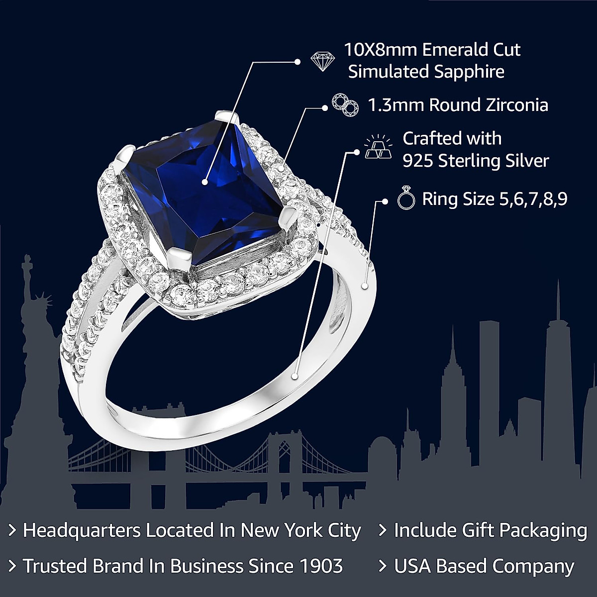 Gem Stone King 925 Sterling Silver Blue Simulated Sapphire Engagement Ring For Women (4.58 Cttw, 10X8MM Emerald Cut, Available in size 5, 6, 7, 8, 9)