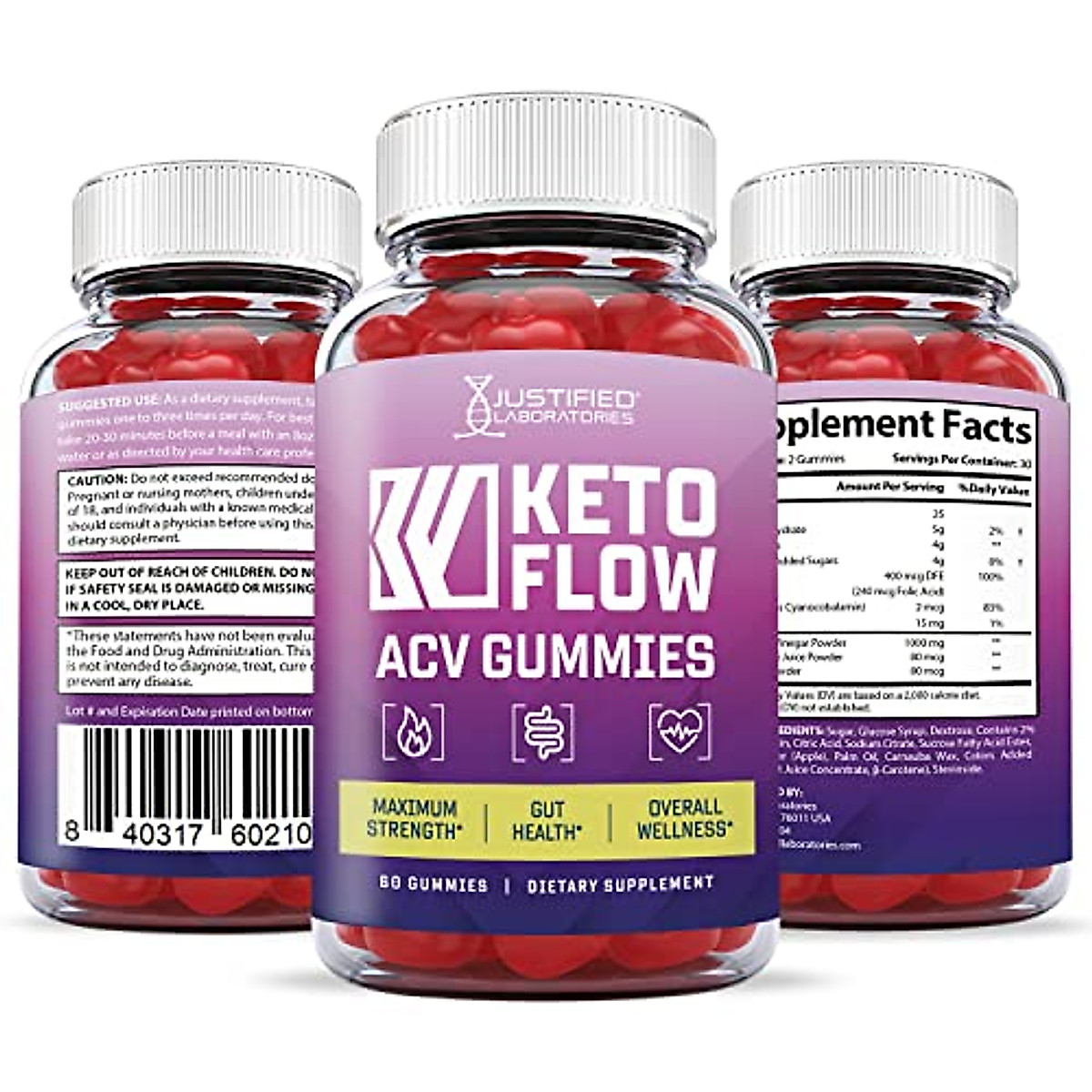 Justified Laboratories (3 Pack) Keto Flow ACV Gummies 1000MG with Pomegranate Juice Beet Root B12 180 Gummys