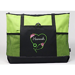 Personalized Nurse with Heart Stethoscope, CNA, RN, LPN Tote Bag with Mesh Pockets, Custom Printed
