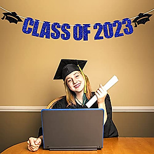 Class of 2023 Banner, 2023 Graduation Theme Party Decorations Supplies, Congrats Grad High School / College Graduate Bunting Sign, Black and Blue Glitter