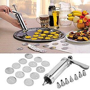 9.8x5.9in Cookie Press Maker Aluminium Alloy Cookies Biscuits Press Maker Mold Kit with 7 Piping Nozzle,13Cookies Mold,Cream Laminator Pastry Piping DIY Laminating Gun for Making Cake Decorating
