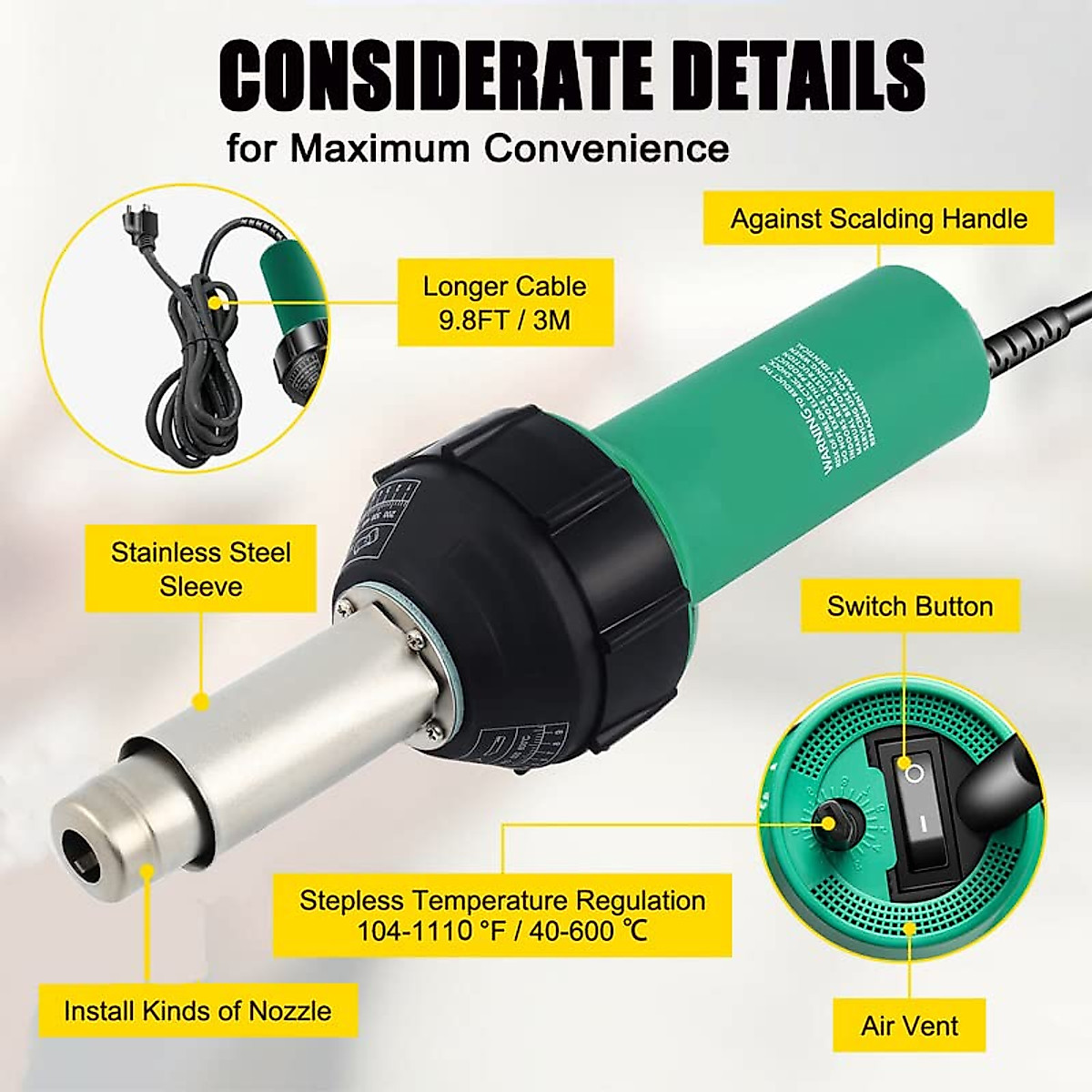 Iglobalbuy 110V 1600W Hot Air Plastic Welder Kit, Hot Air Vinyl PVC TPO Welding Heat Gun w/Nozzles Adjustable Temperature PVC Roofing Welder w/Carrying Case