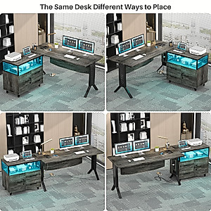 Homieasy L Shaped Office Desk with Storage Cabinet and Recessed Power Strip LED Strip, 55 Inch Thickened Heavy Duty Executive Computer Desk with 2 Drawers and 1 Door Cabinet, Black Oak F15