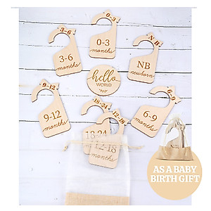 HOUÍSM Baby Closet Dividers Nursery Clothes Organizer, Baby Wooden Bundles with Birth Sign 5.9" and Keepsake Bag for Newborn to 24 Months, Timeless Engraved Design for Baby Girl Boy Room Decor