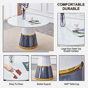 Modern 5-Piece Round Marble Dining Table with 4 Gray Upholstered PU Leather Dining Chairs Set, Circular Marble Texture Dining Table with Gold Pedestal and Printed Marble Top for Dining Kitchen