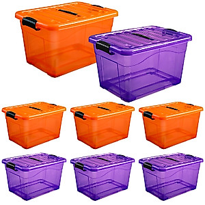 Sweetude 8 Pcs Halloween Plastic Storage Bin with Lids Purple Orange Clear Plastic Storage Totes Container 53 Qt Stackable Nestable Holiday Storage Box with Wheels and Latching Handles
