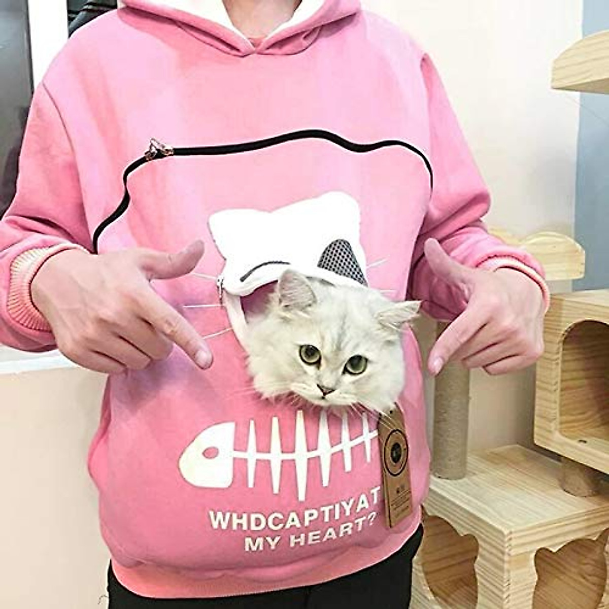 Women's Kitten Print Teen Hoodies Whdcaptiyated My Heart Solid Sweatshirts Cat Pouch Zipper Pet Carrier Sweatshirt Pink