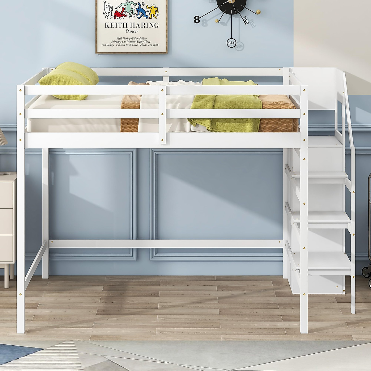 Harper & Bright Designs Full Size Loft Bed with Wardrobe and Staircase, Wooden Full Loft Bed Frame, High Loft Bed for Kids Teens Adults, White