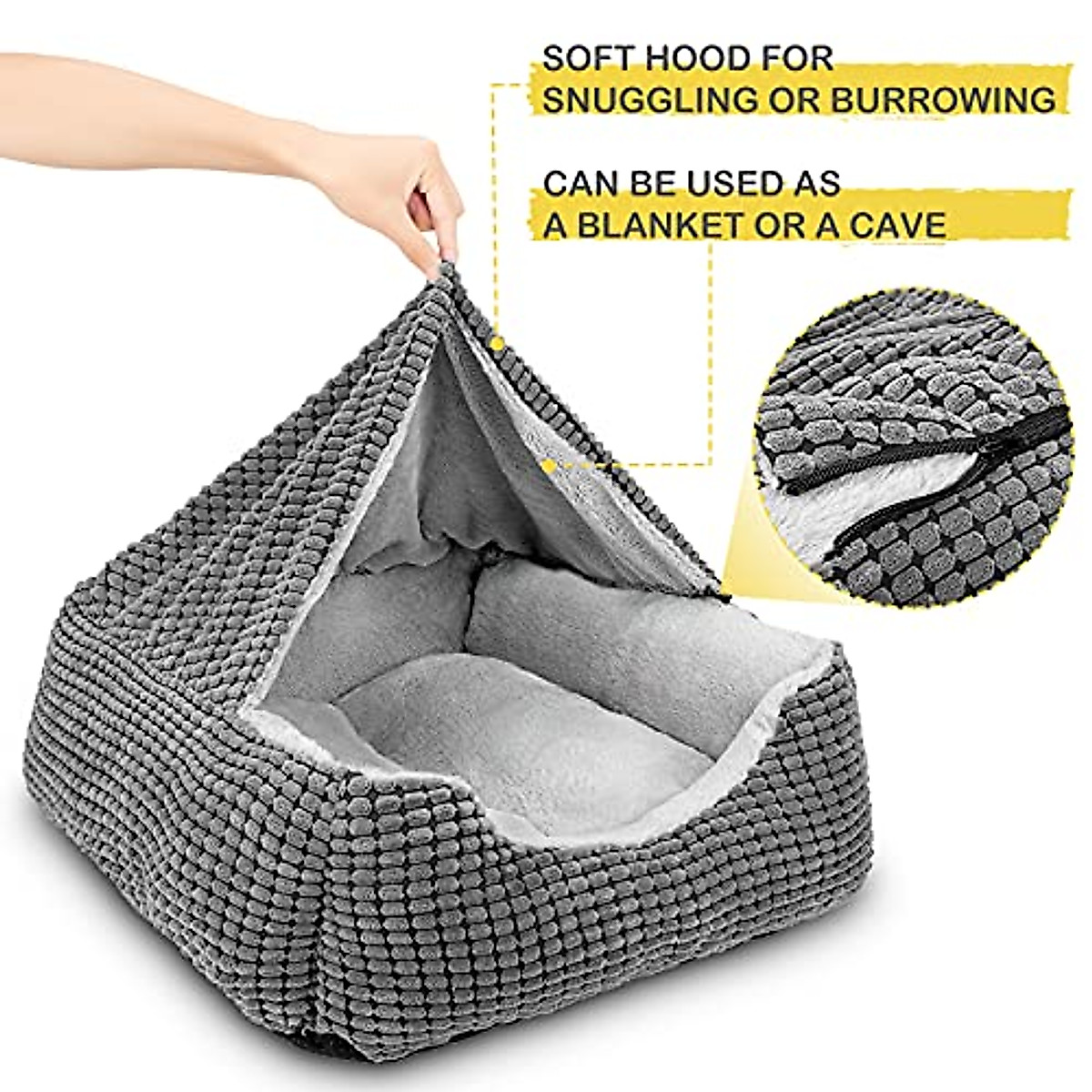 GASUR Dog Beds for Large Medium Small Dogs, Rectangle Cave Hooded Blanket Puppy Bed, Luxury Anti-Anxiety Orthopedic Cat Beds for Indoor Cats, Warmth and Machine Washable (25 inches, Grey)