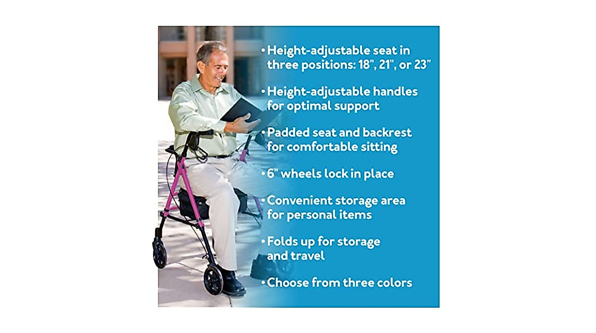 Carex Step 'N Rest Aluminum Rollator Walker for Seniors - Pink ...