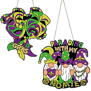 Tiamon 2 Pieces Mardi Gras Decorations Mardi Gras Door Hanger Wooden Masquerade Gnome Hanging Decor Carnival Party Decor Comedy Crying Face Door Signs for New Orleans Door Signs