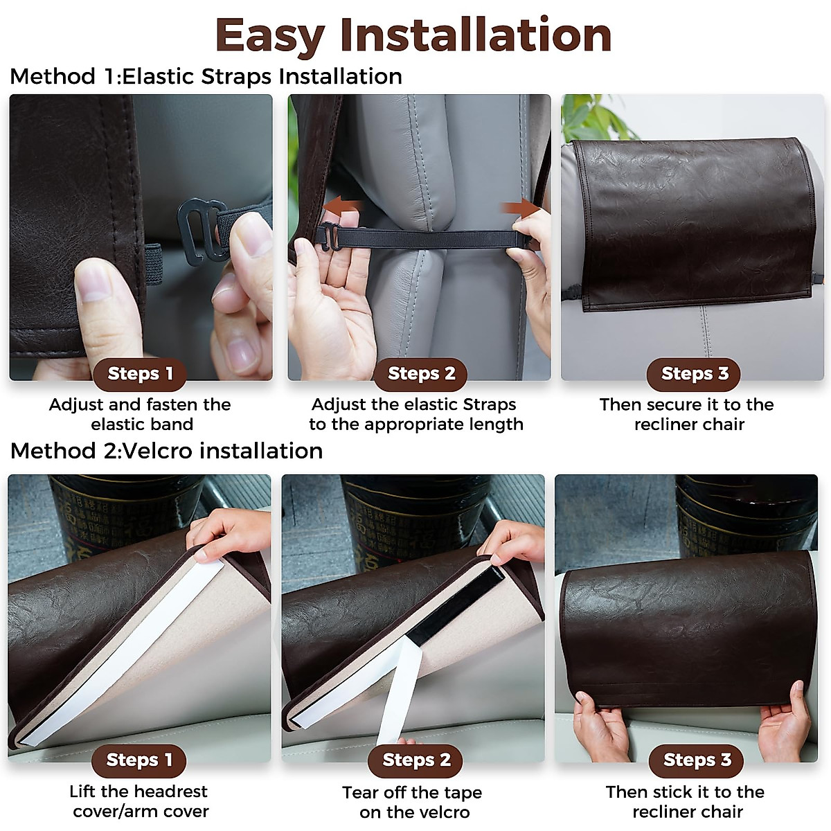 NZDWZDN 3 Pcs Headrest Cover for Recliner Chair Recliner Headrest Protector Faux Leather Headrest Cover with Elastic Straps Couch Headrest Cover with Pocket Chair Arm Covers 22.8 x 14.6 in(Chocolate)