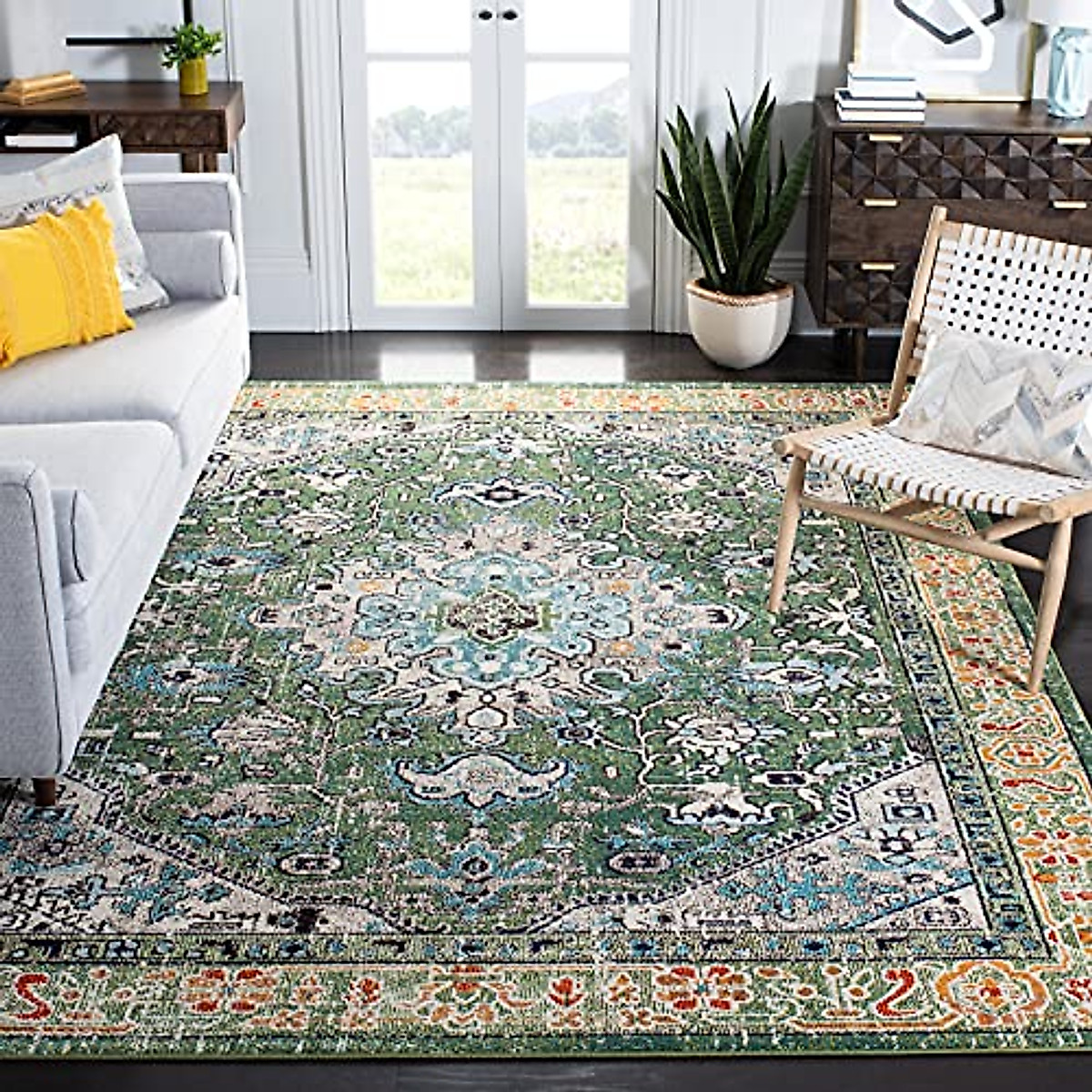 SAFAVIEH Madison Collection 8' x 10' Green / Turquoise MAD474Y Boho Distressed Medallion Non-Shedding Living Room Bedroom Dining Home Office Area Rug
