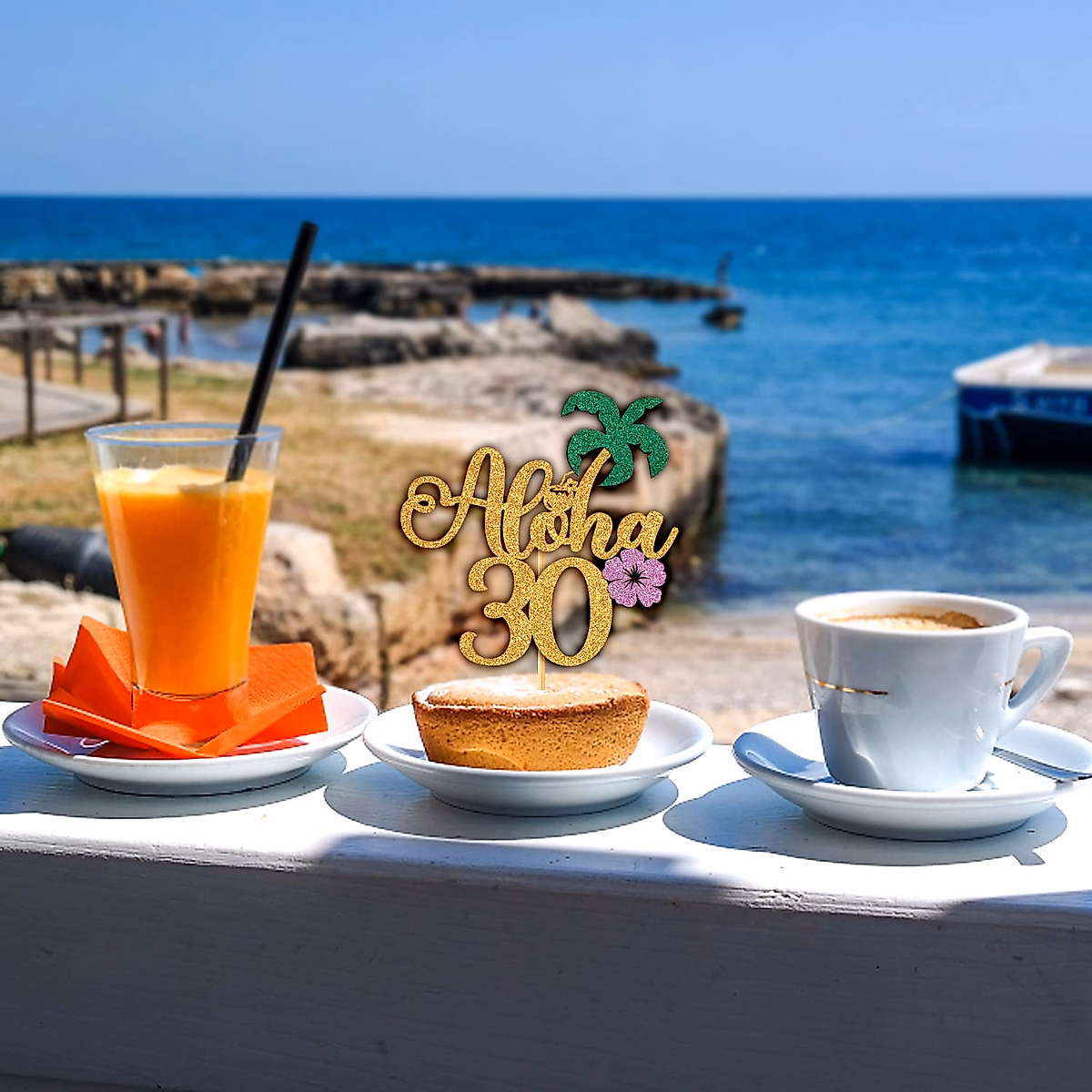 Gold Glitter Aloha 30 Cake Topper, Hello 30/Cheers to 30 Years/Happy 30th Birthday/Anniversay, Tropical Hawaiian Themed 30th Anniversary/Birthday Party Decorations