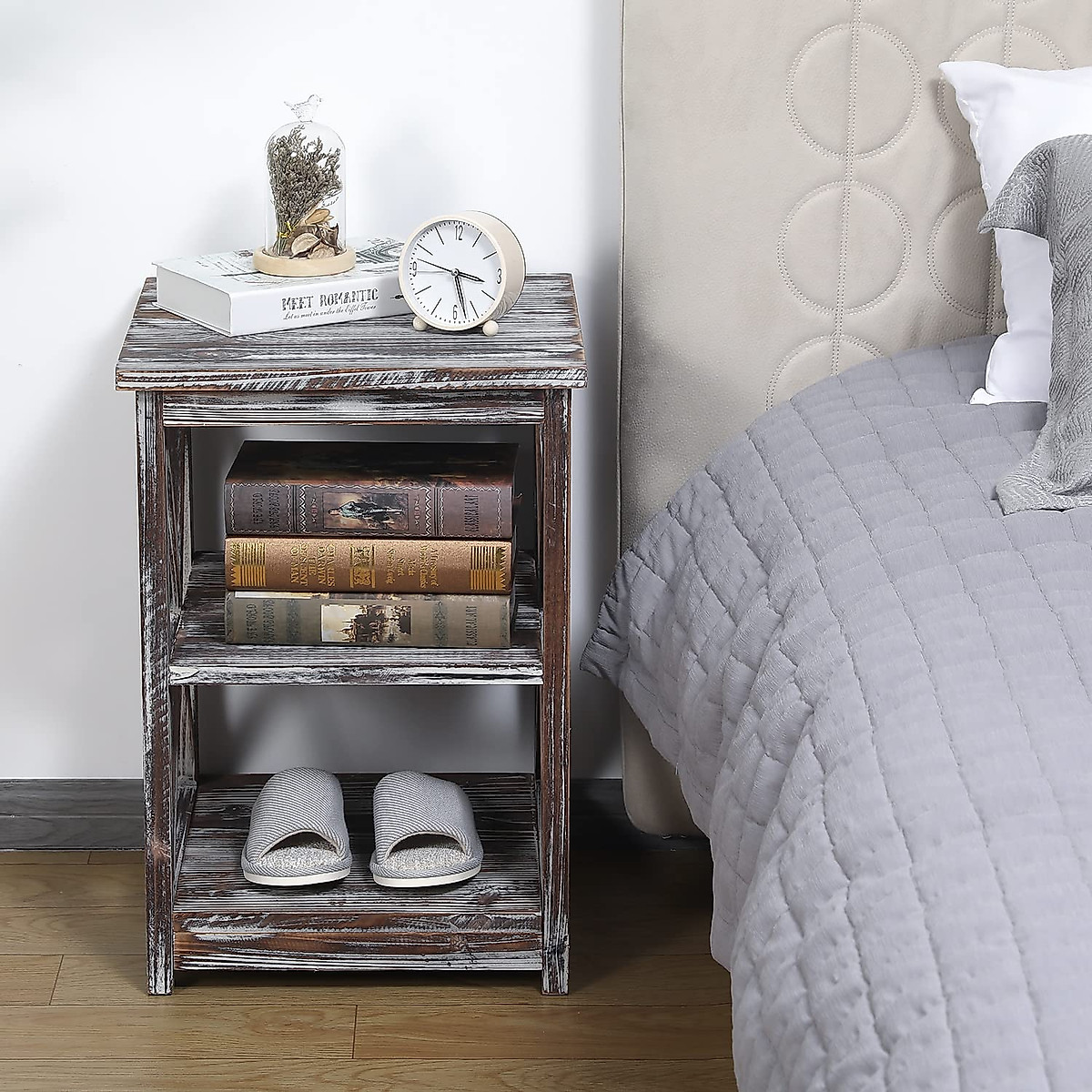 MyGift 24 Inch Tall End Table, Rustic Torched Solid Wood Living Room Accent Side Table with 3 Tier Display Shelf, Wooden X Design Bedroom Nightstand Square Storage Shelves