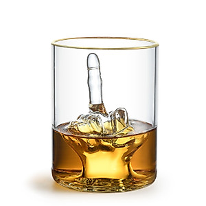 RUGLUSH Middle Finger Funny Whiskey Glass – Premium Up Yours Funny Glass for Whiskey, Liquor – Luxurious Gold Rim – Home Bar Accessories Ideal for Man Cave, Fun Gag Gift Patent-Pending