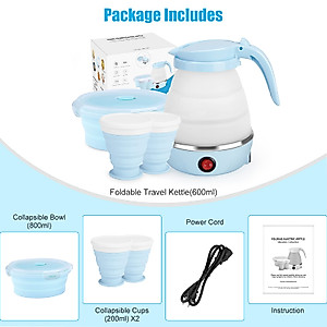 Travel Foldable Electric Kettle, Collapsible Portable Kettle for Fast Water Boiling Tea Coffee, with 1 Collapsible Bowl and 2 Collapsible Cups, Food Grade Silicon, 600ML 110V